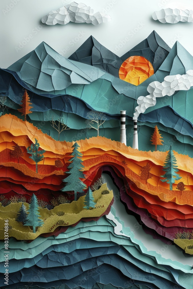 Geothermal energy plants visualized in minimalist paper cutouts of ...