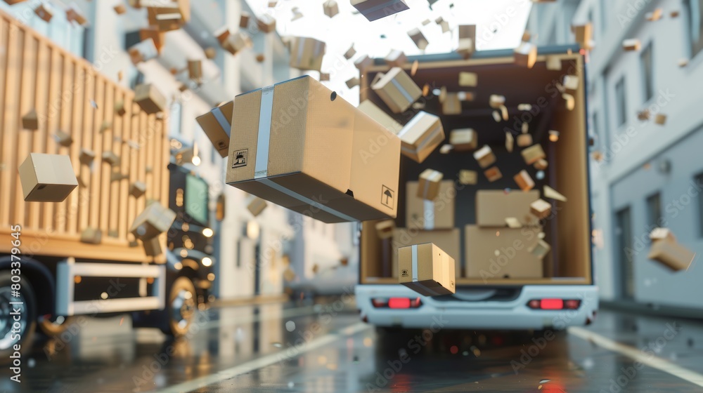 Chaotic delivery - boxes flying out from delivery truck Stock ...