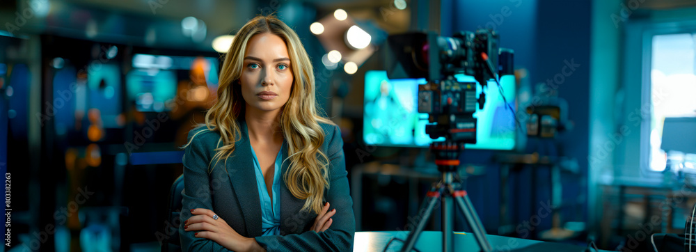 Confident Female TV Host in Business Attire Engaging with Camera at ...