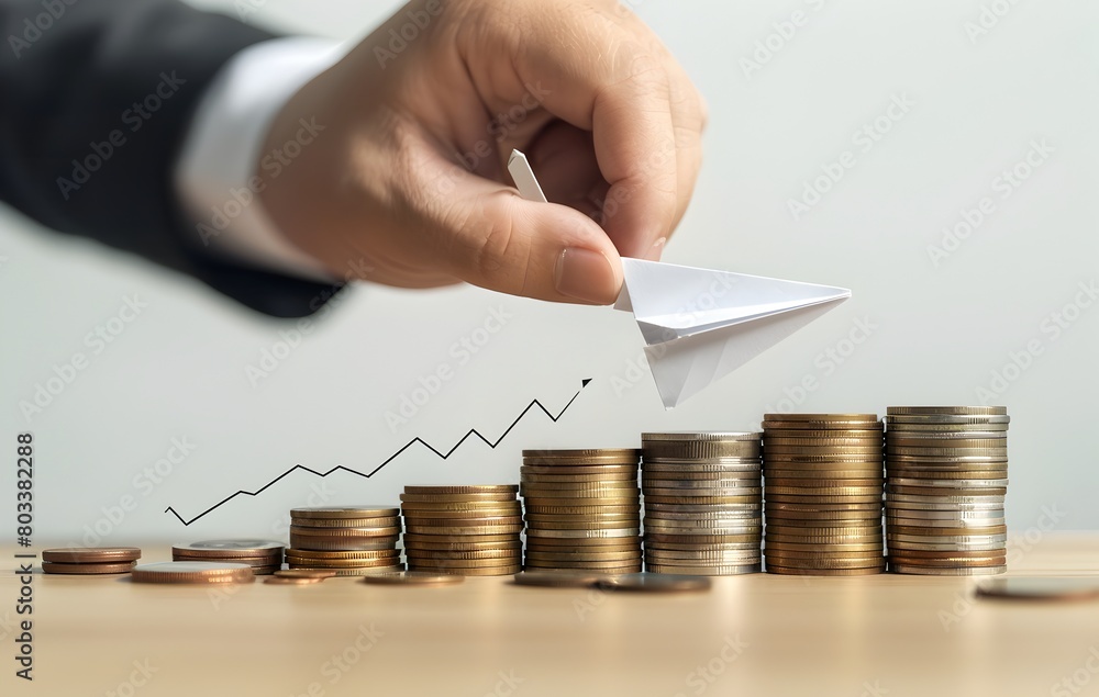 A giant hand drawing an arrow pointing upwards, with stacks of coins at ...