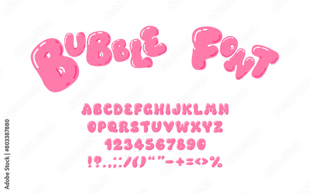 Playful bubble set of pink letters and numbers from 0 to 9. Y2K trendy ...