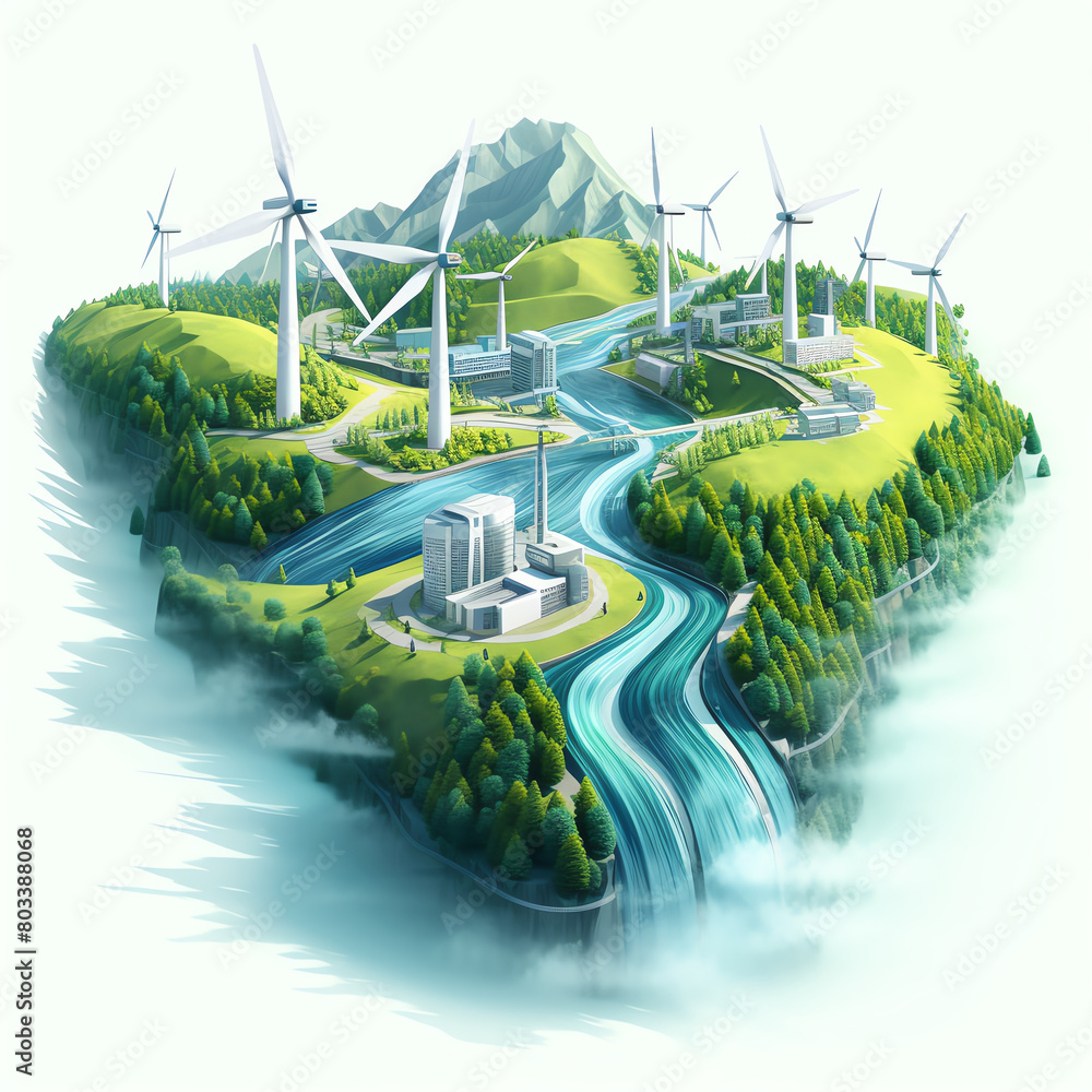 Vibrant 3D isometric rendering of a river dam equipped with wind ...