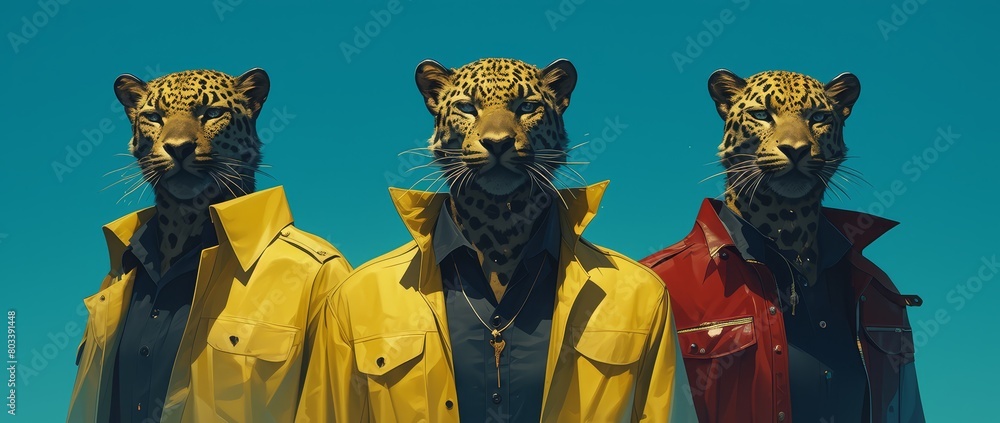 3 leopard heads in yellow, red and blue jackets standing next to each ...