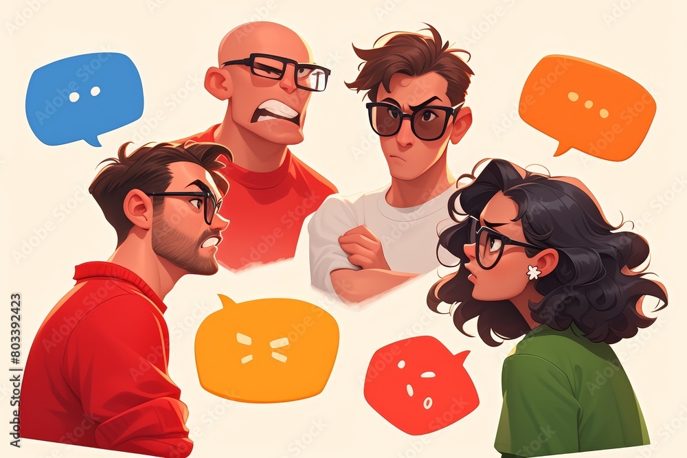 cartoon characters are having a conversation with speech bubbles. The ...