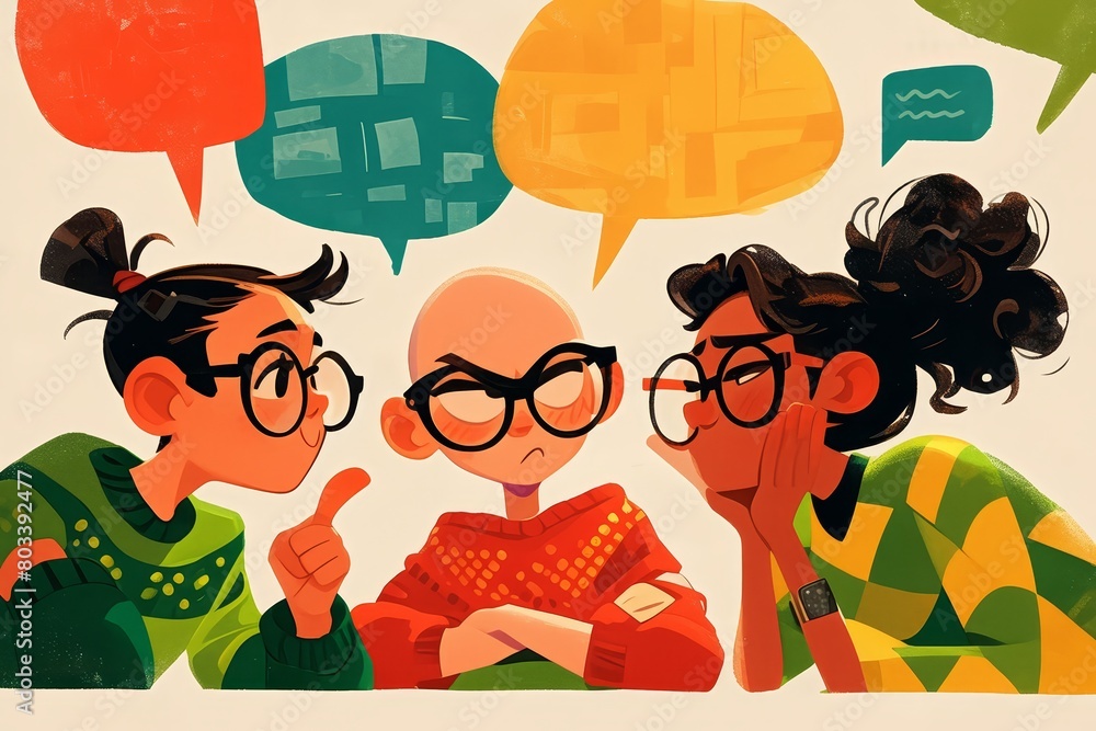 cartoon characters are having a conversation with speech bubbles. The ...