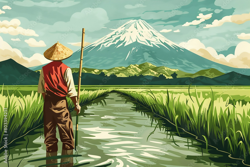 Wheat field scene of japanese traditional style painting wide and huge ...