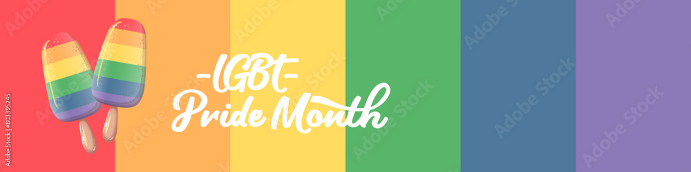 Happy pride month wide horizontal banner with pride color flag ice ...