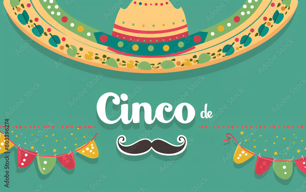 Sombrero and Mexican mustache on green background. Festive banner with ...