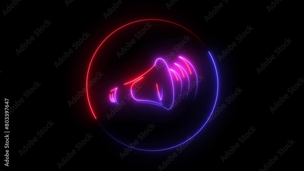 Neon megaphone icon blue pink color animation black background. neon ...