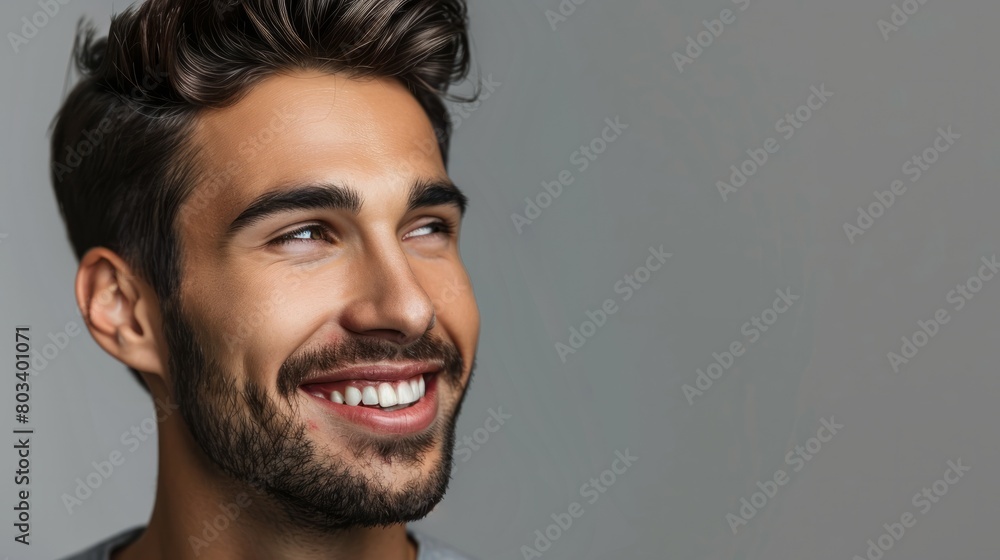 Close-up portrait of a handsome man with a happy smile looking to the ...