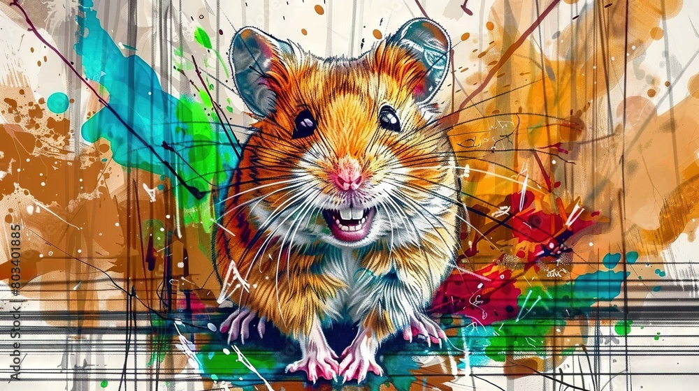 A painting portrays a vibrantly colored hamster with paint splatters ...