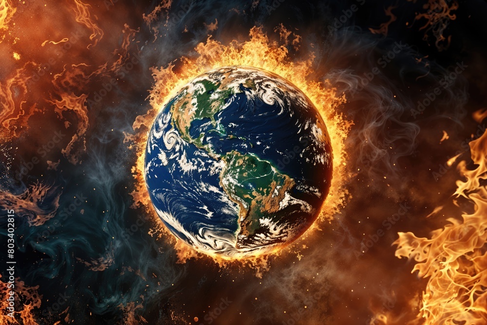 image shows a globe surrounded by a ring of fire and enveloped in fire ...
