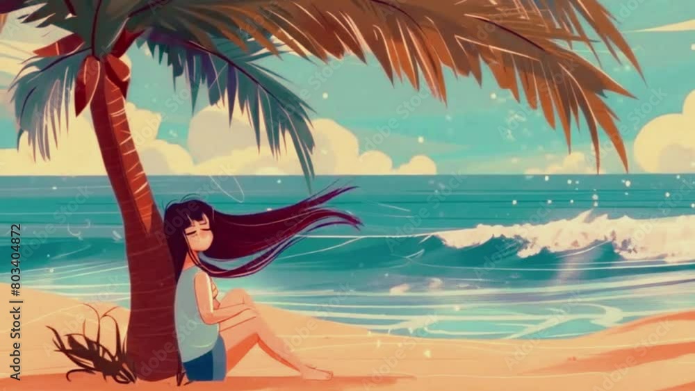 A cute lofi girl sitting under a swaying palm tree on a sandy beach ...