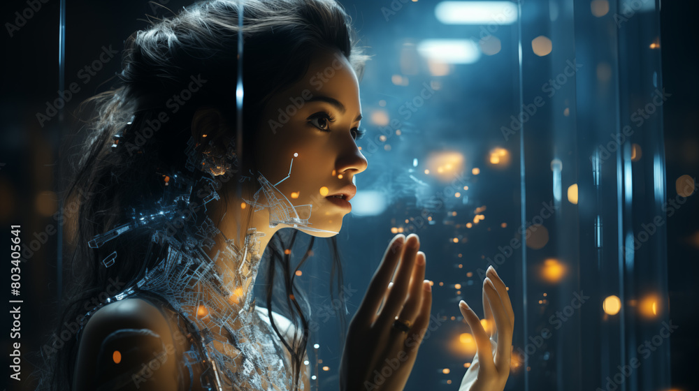 Engaging visual of artificial intelligence interaction with virtual interfaces, demonstrating ...