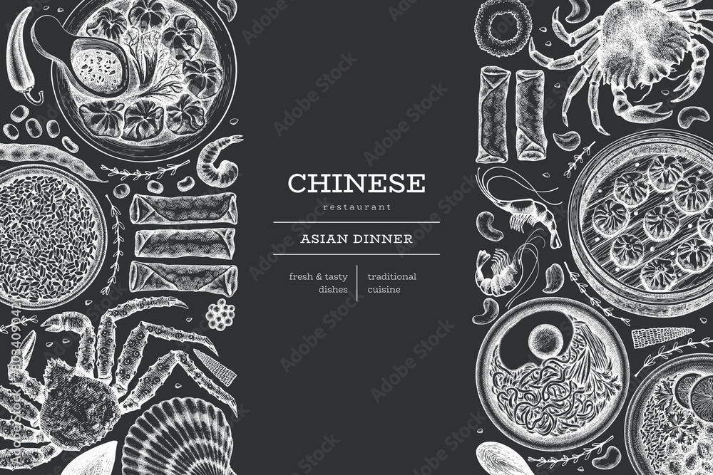 Chinese Cuisine Chalk Board Design Template. Vector Hand Drawn Asian ...