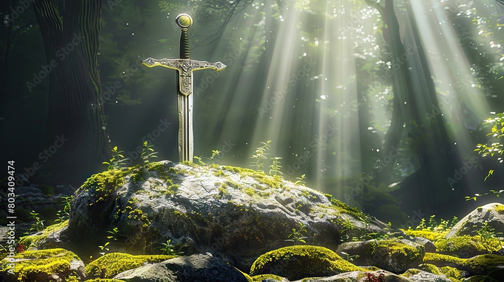Sword in the stone on mossy rock, enchanted forest background with rays ...