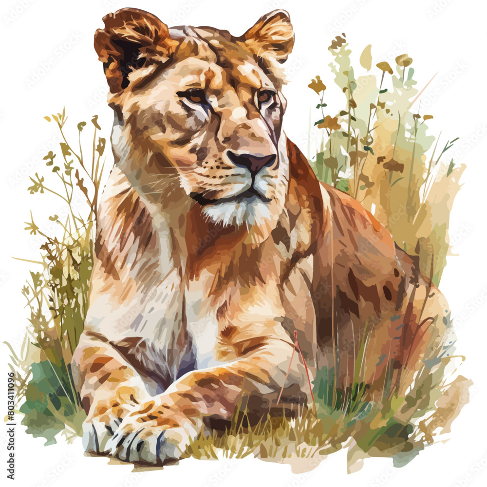 Watercolor Illustration of a lioness, isolated on a white background ...