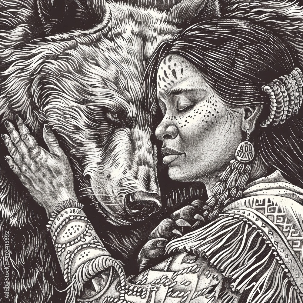 Indian woman hugging a huge bear. A druid and his animal friend ...
