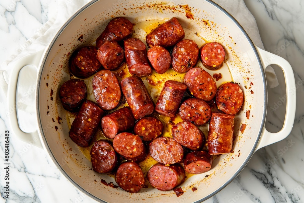 Deliciously cooked sliced sausages sizzling in a white pot, perfect for ...