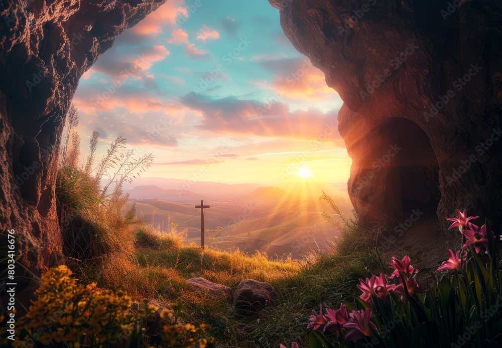 holy saturday,The empty tomb of Jesus Christ with the cross outside at ...