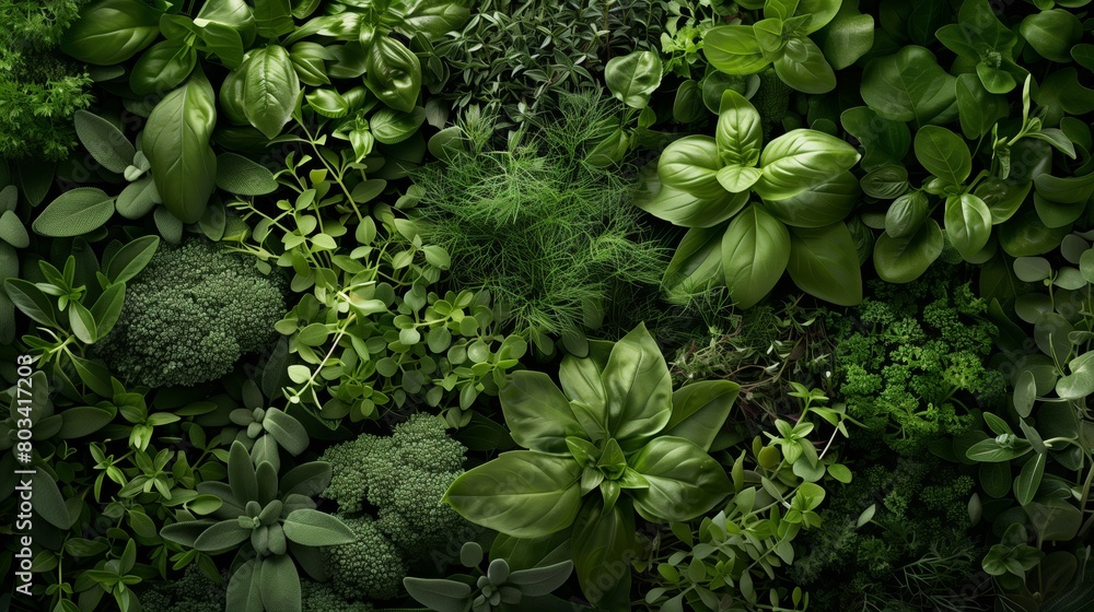 Lush display of various fresh herbs and leafy greens arranged densely ...