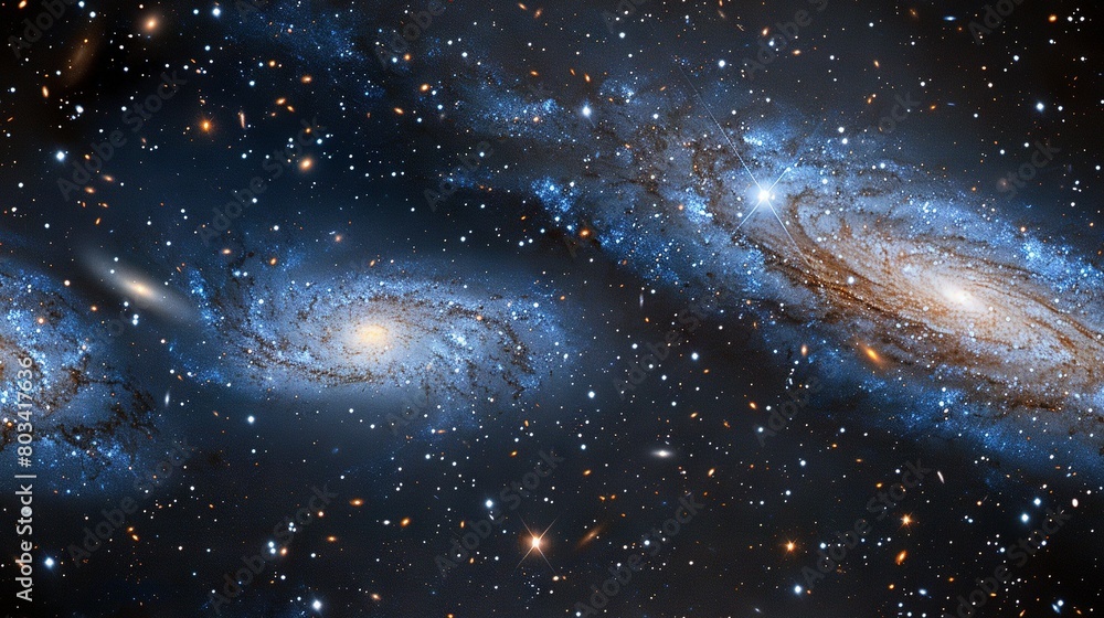 Two gigantic spiral objects float amidst a sea of twinkling stars and a ...