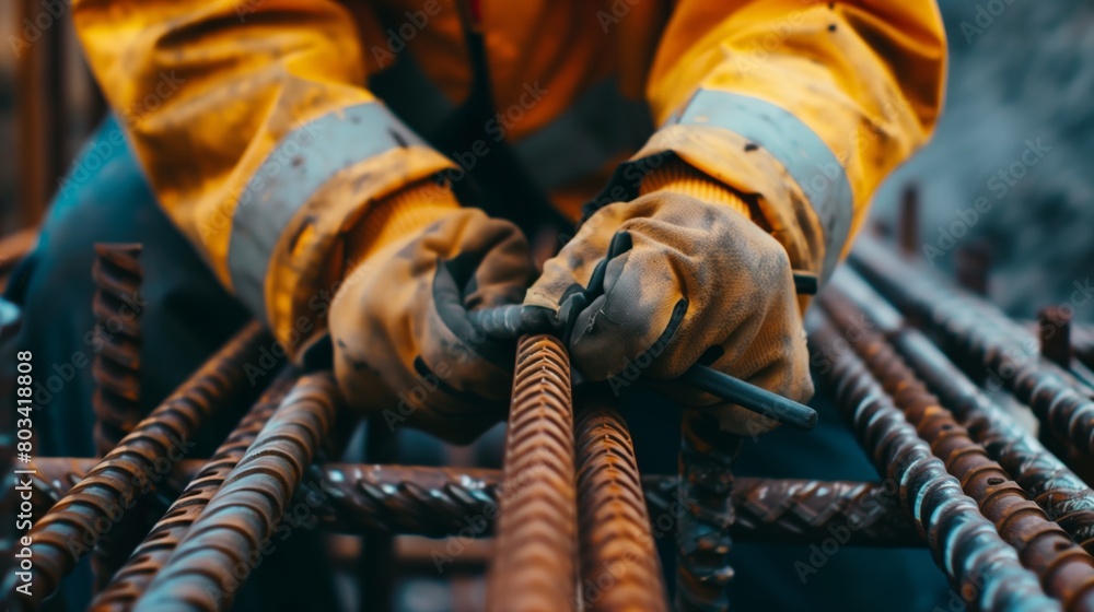 Close-up of a construction worker's hands tying rebar with wire at a ...