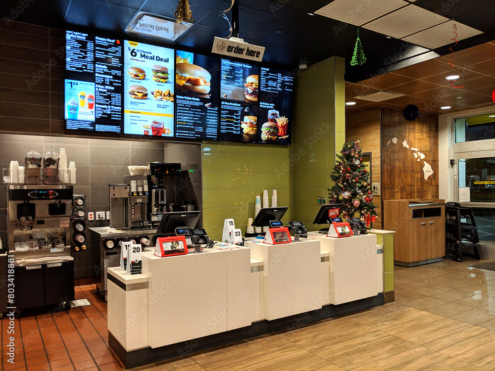 Modern Fast Food Restaurant Interior During Evening With Digital Menu ...