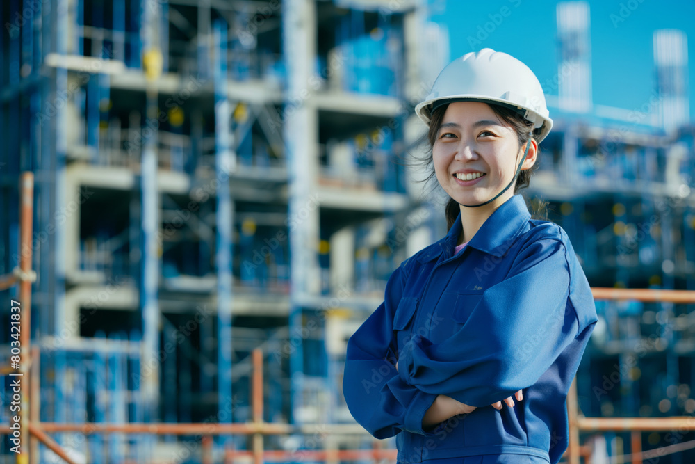 Young asian female engineer in a white hard hat and blue overalls ...