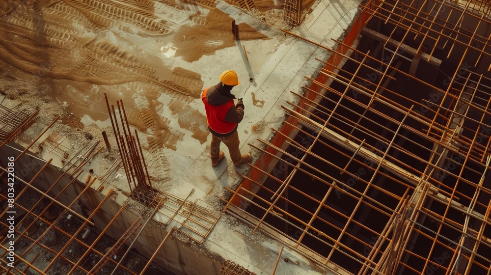 Overhead view of a construction worker in safety gear at a building ...