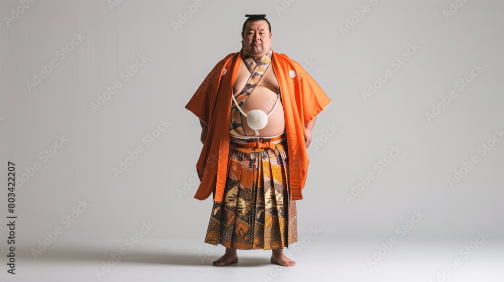 A portrait of a sumo wrestler in traditional mawashi and ceremonial ...