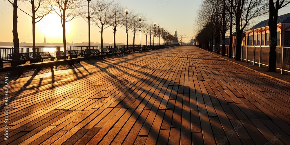 Outdoor boardwalk area with wooden floor and big shadows at sunset ...