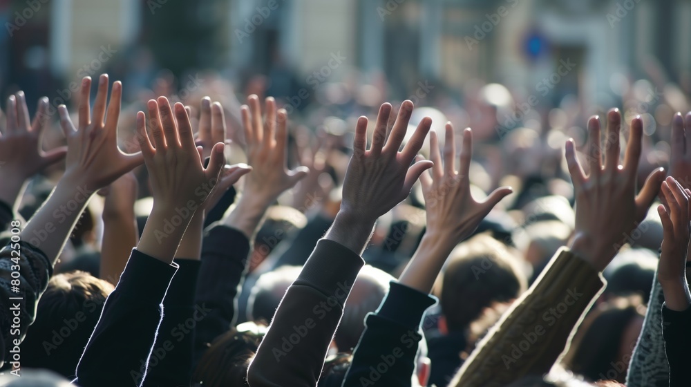 Sunlit crowd with numerous hands raised high at an outdoor event ...