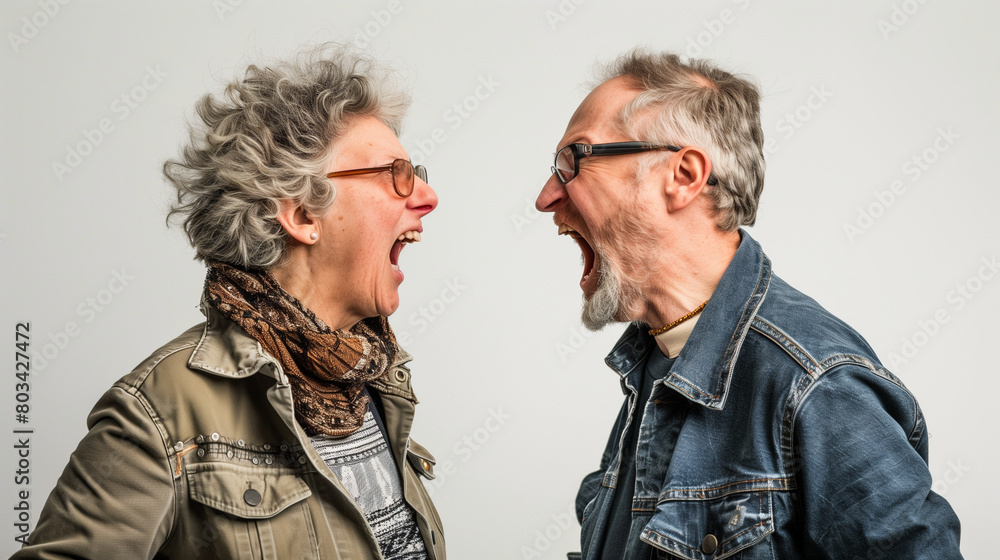 Mid aged couple yelling at each other isolated on white, studio shot ...