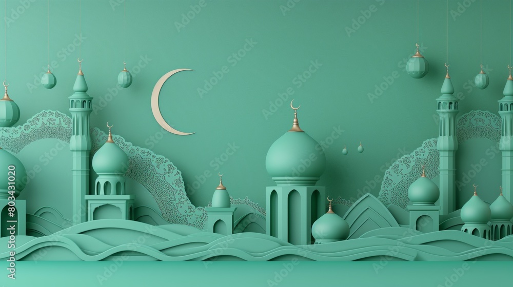 Monochrome green stylized Islamic mosques and minarets with decorative ...