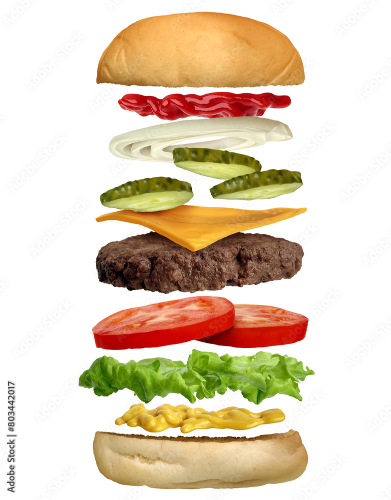 Assembling A Burger as individual toppings ingredients assembled for a ...