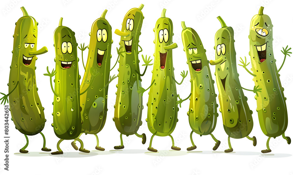 A group of pickles standing next to each other, smiling in a natural ...