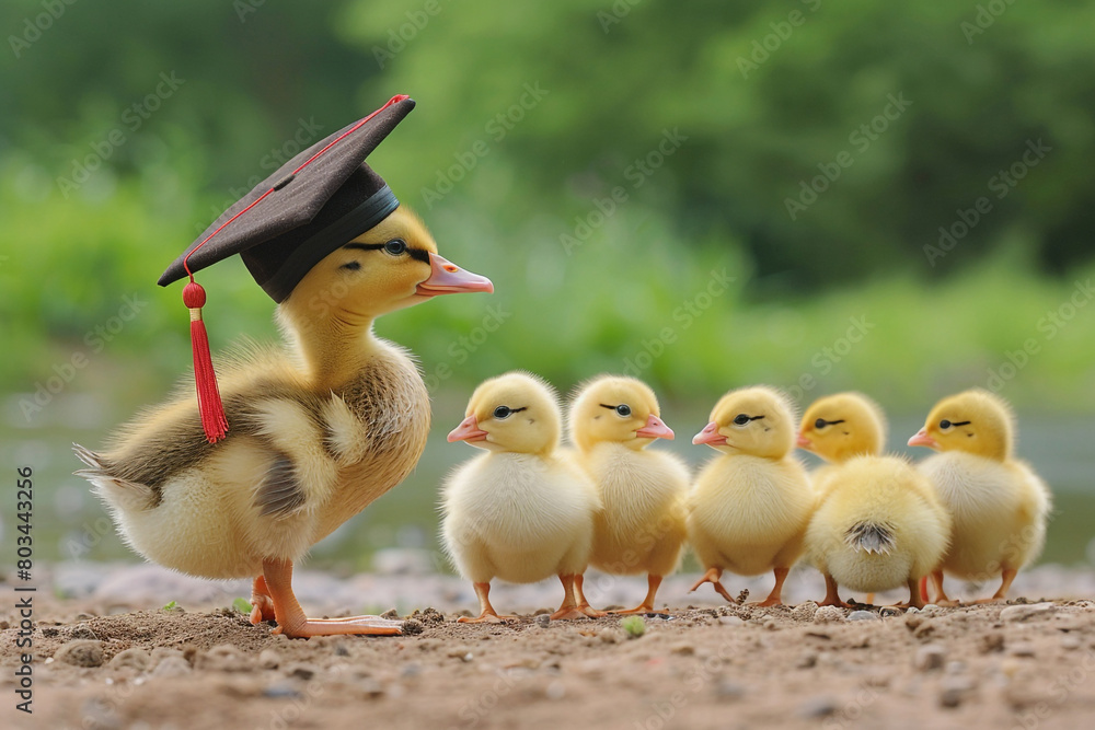 A duckling wearing a graduation cap and giving a commencement speech to ...