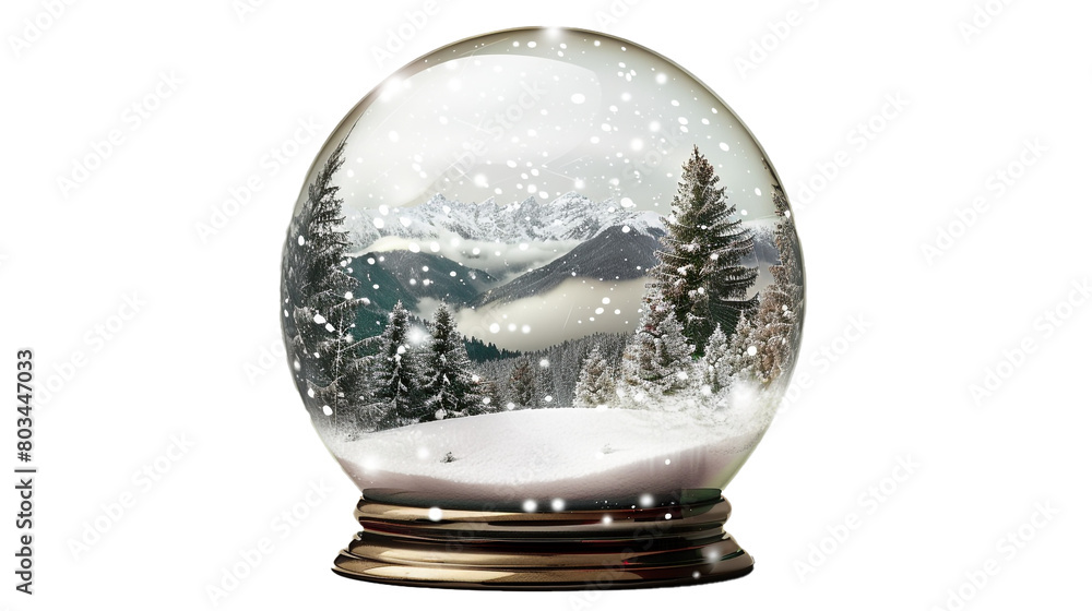 A delicate glass snow globe with a winter scene inside on a transparent ...