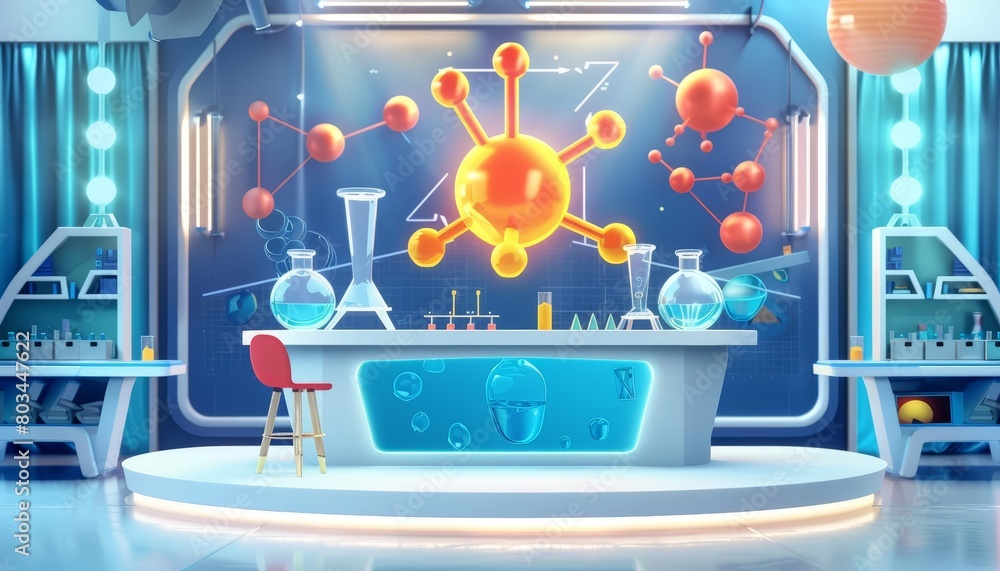 A modern science lab with a large periodic table on the wall, a lab ...