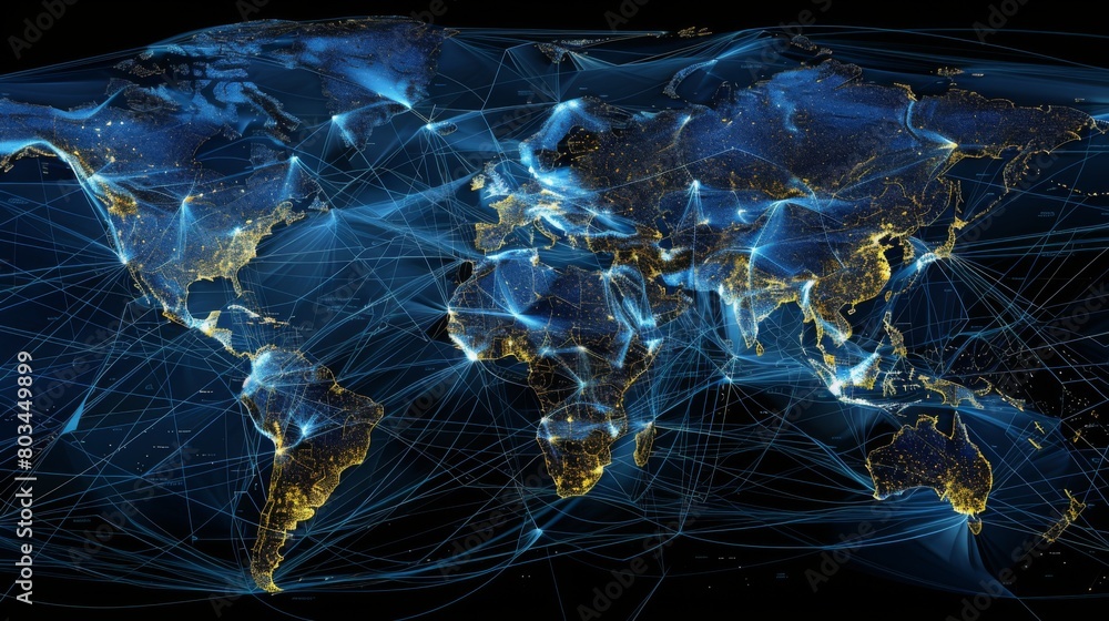 A world map with lines of communication connecting cities and countries ...