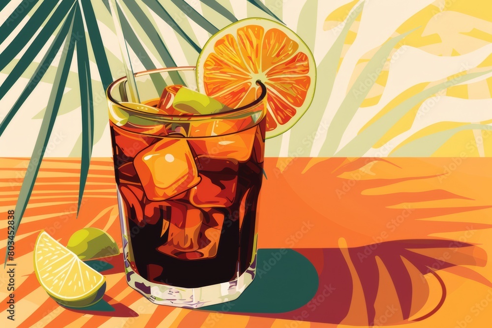 Rum and Coke classic cocktail flat illustration with a twist and ice ...