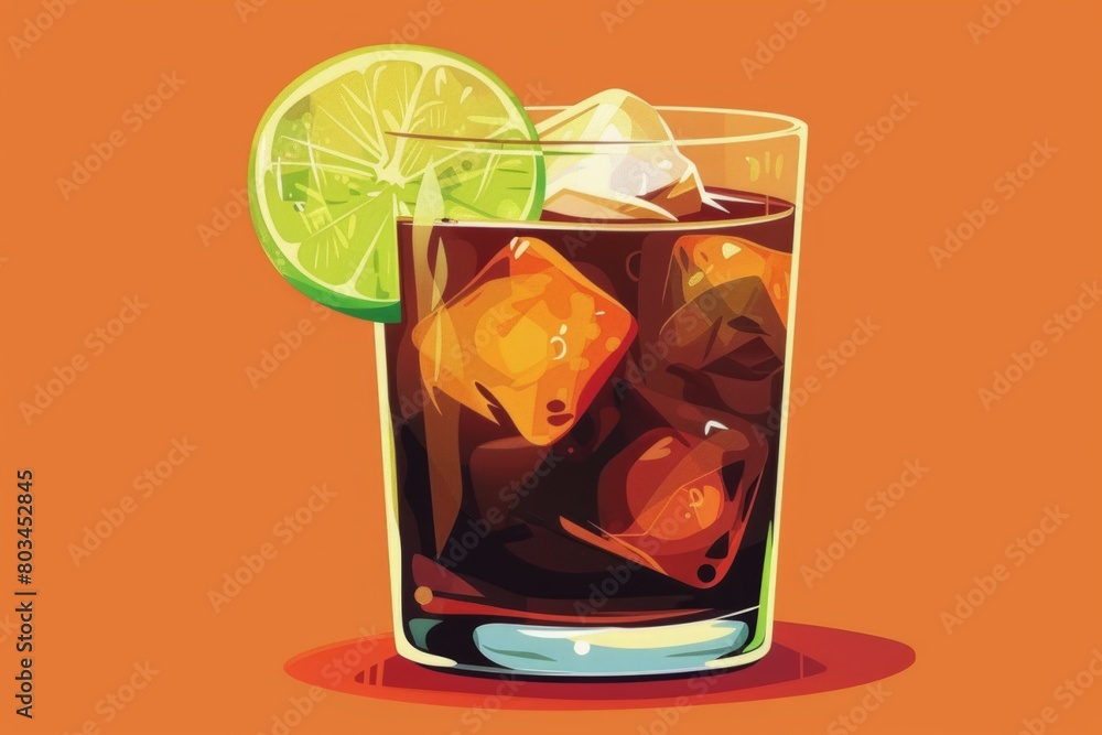 Rum and Coke classic cocktail flat illustration with a twist and ice ...