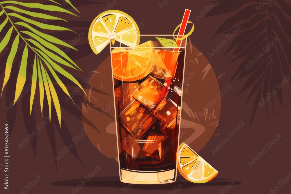 Rum and Coke classic cocktail flat illustration with a twist and ice ...
