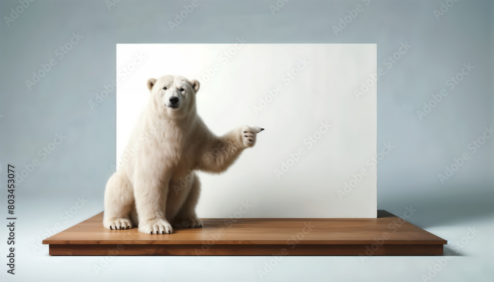 Conceptual Image of a Polar Bear Pointing at a Blank Board on Wooden ...