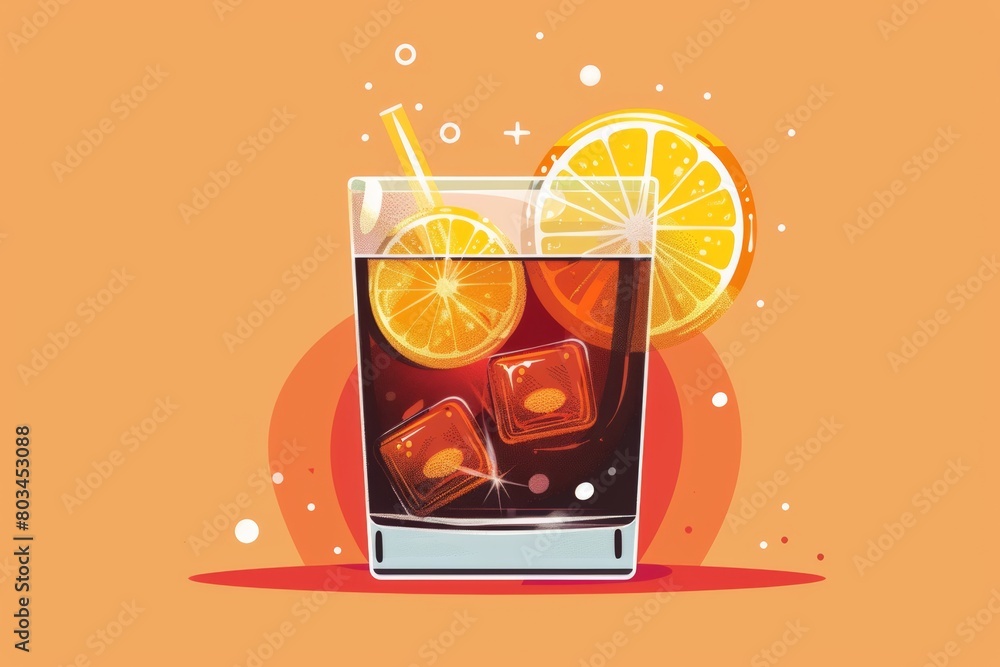 Whisky and Coke cocktail flat illustration. Classic summer drinks bar ...