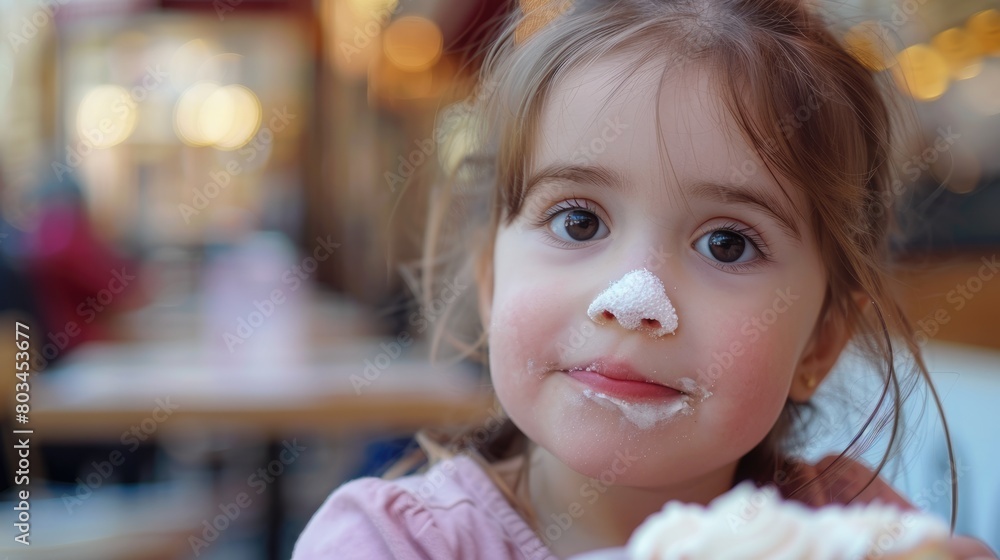 The little girls face is covered in frosting, with a smile on her mouth ...