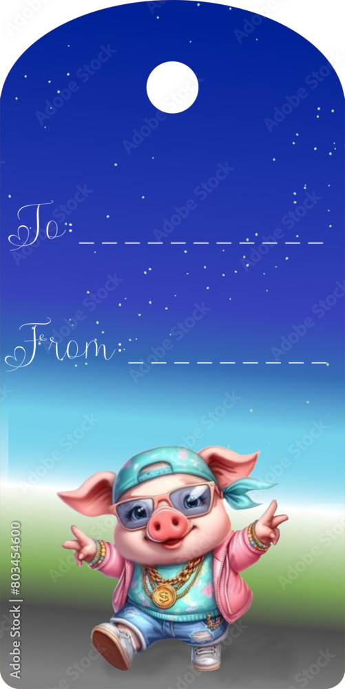 labels or tags for gifts with a friendly rapper pig with white writing ...