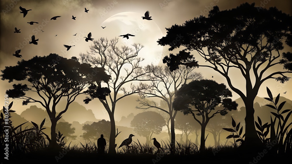 nature silhouette of trees, birds, and person against the backdrop of ...