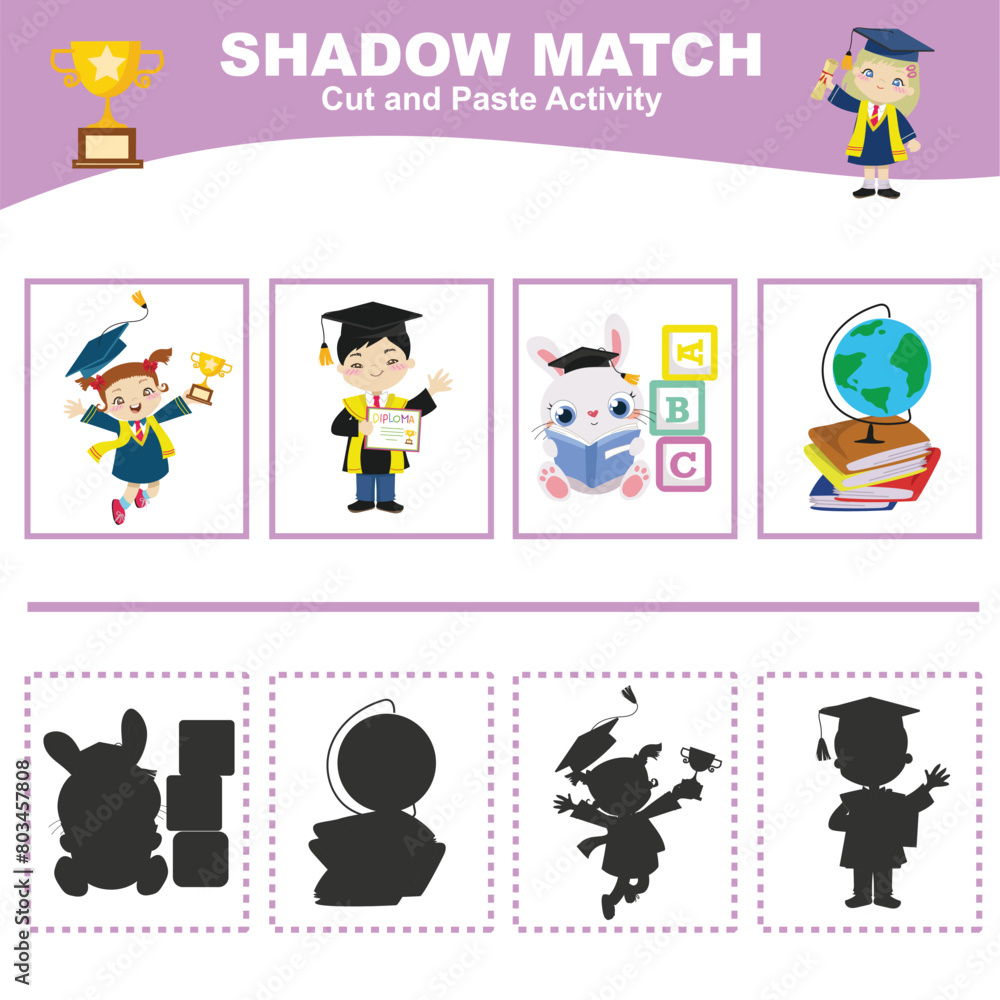 Cut the image in each box and glue it on each shadow. Find the correct ...